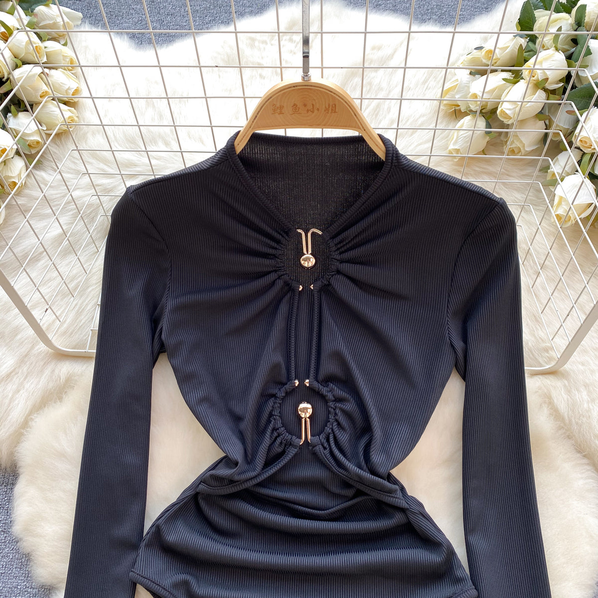 Hollowed Slim Fit Black One Piece Lingerie Irococo