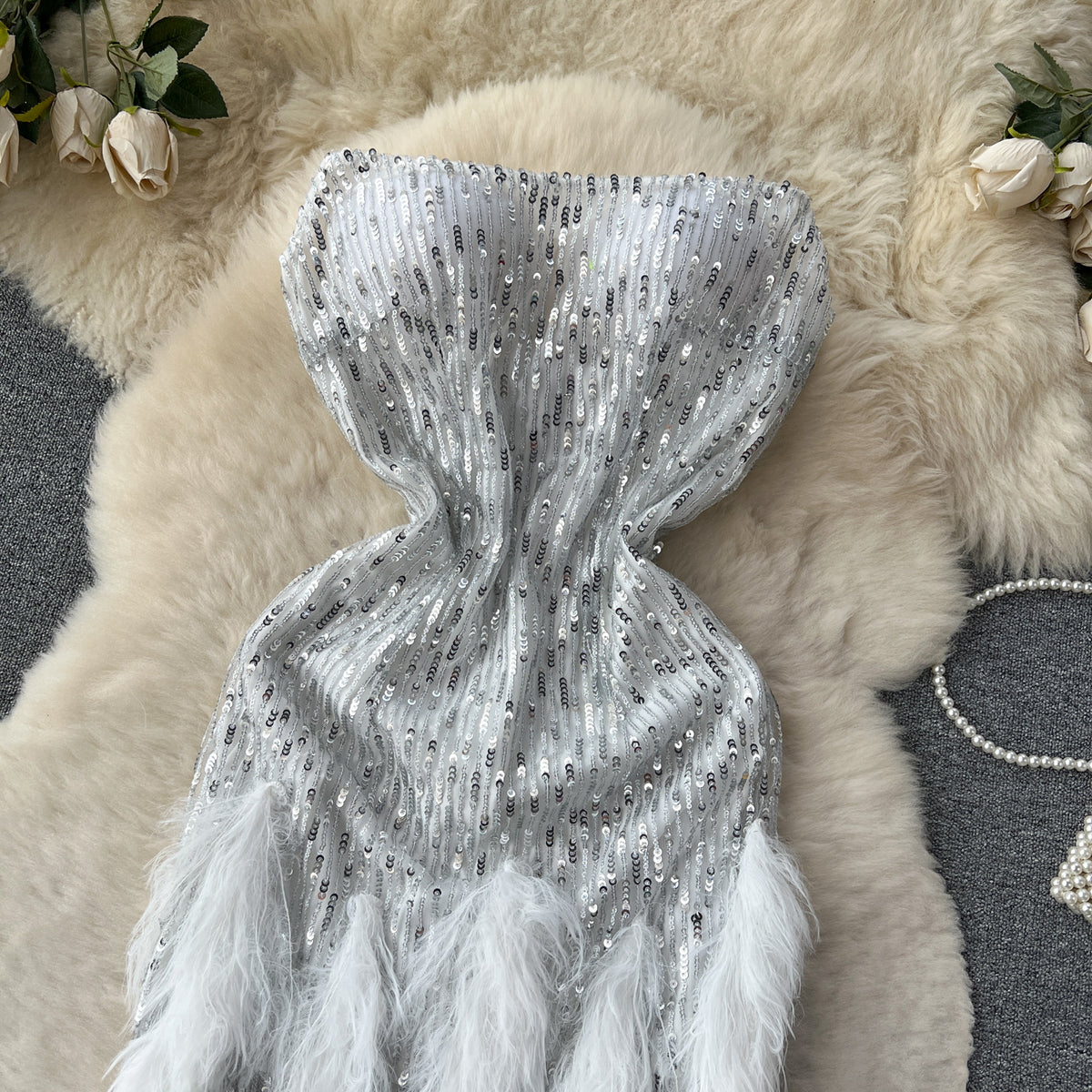 Off-shoulder Furry Edge Sequin Dress– irococo