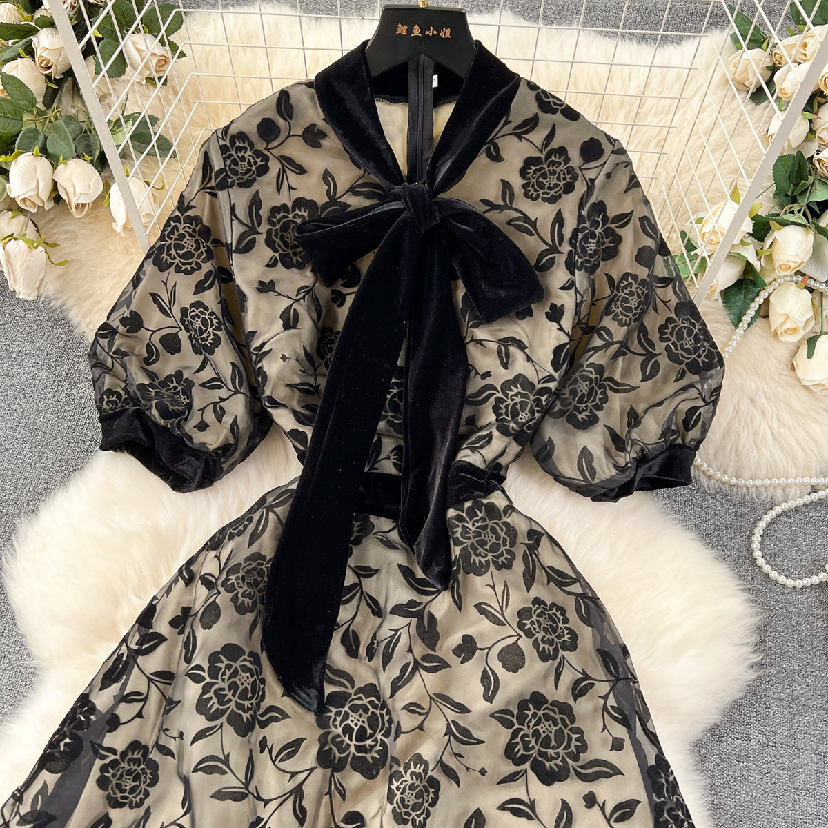 Courtly Bow-tie Floral Embroidered Party Dress– irococo