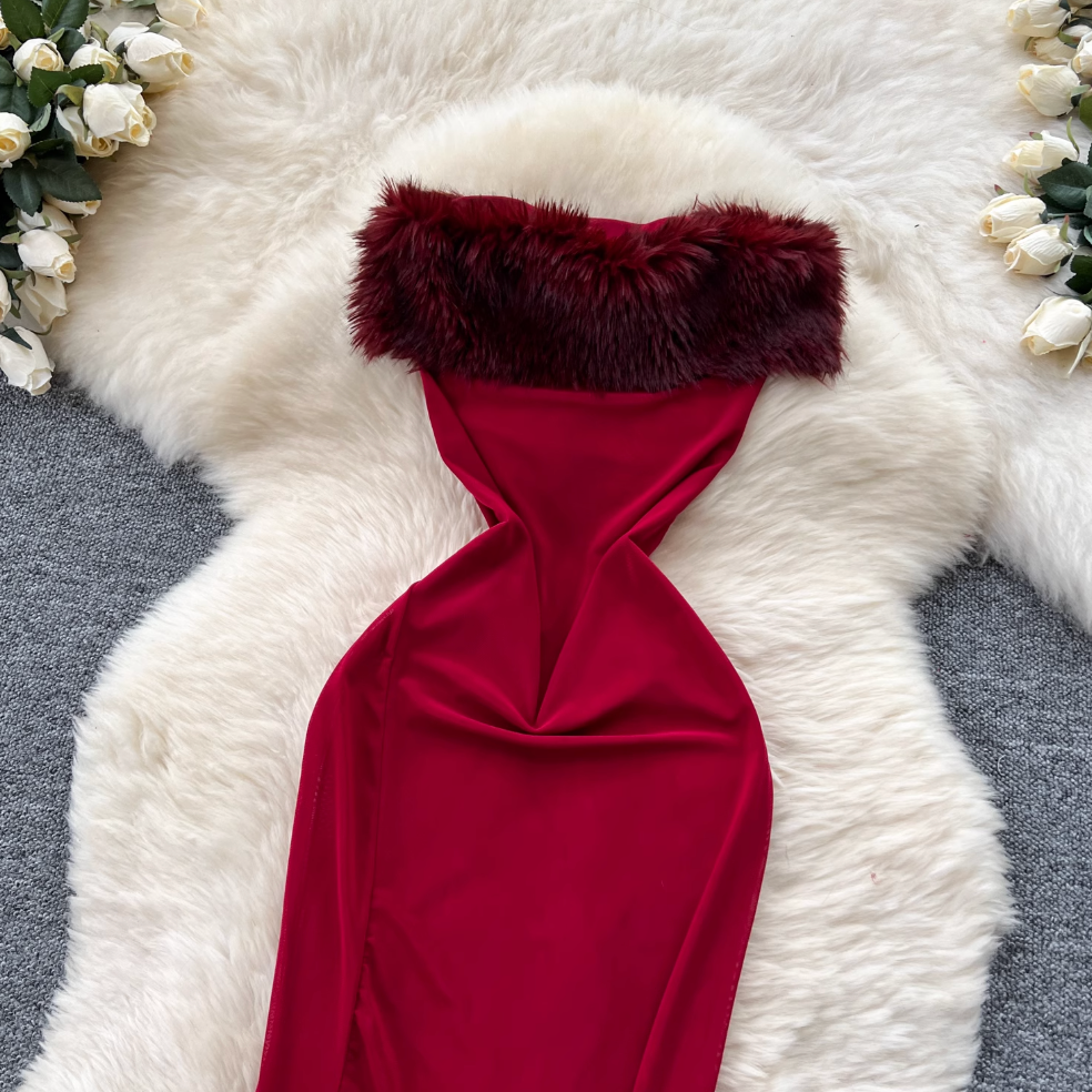 Off-shoulder Furry Patchwork Dress– irococo