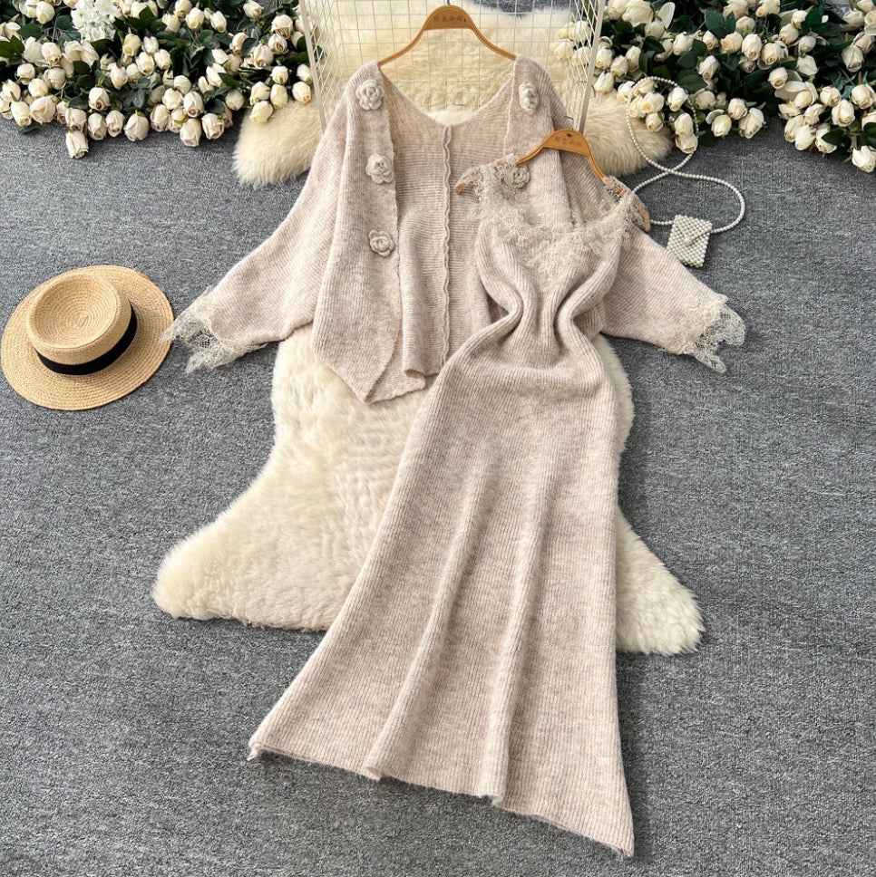 Lace Patchwork Dress & Cardigan 2Pcs– irococo