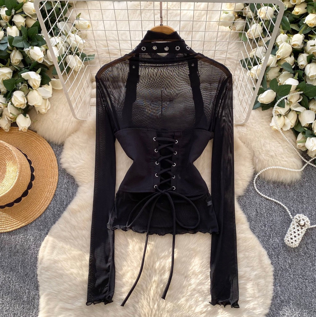 Black Mesh Top & PU Camisole 2Pcs– irococo