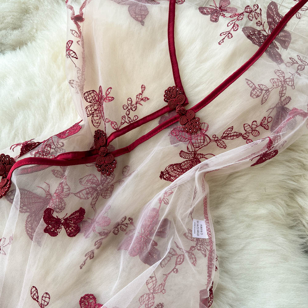 Sheer Mesh Butterfly Crochet Cheongsam Dress– irococo