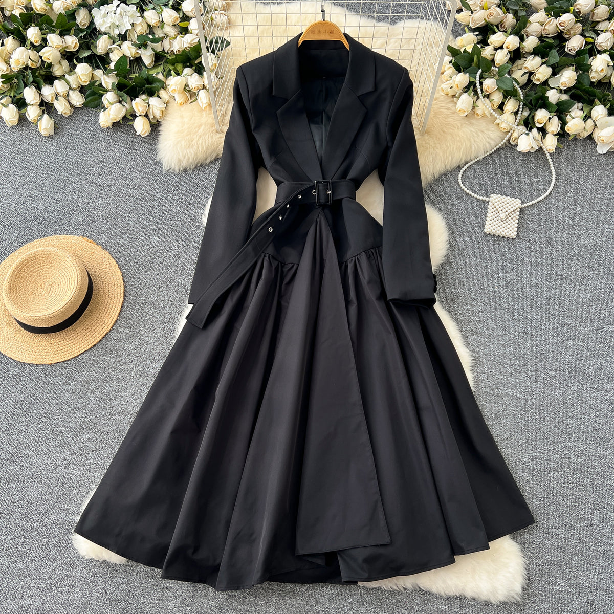 Suit Collar V-neck Pleated Dress– irococo