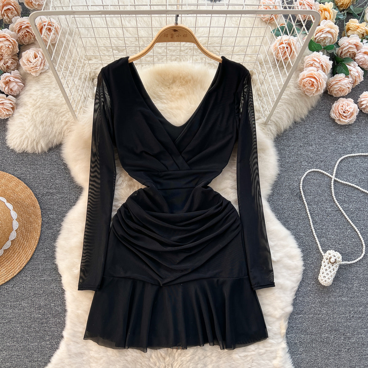 V-neck Pleated Mesh Short Dress– irococo