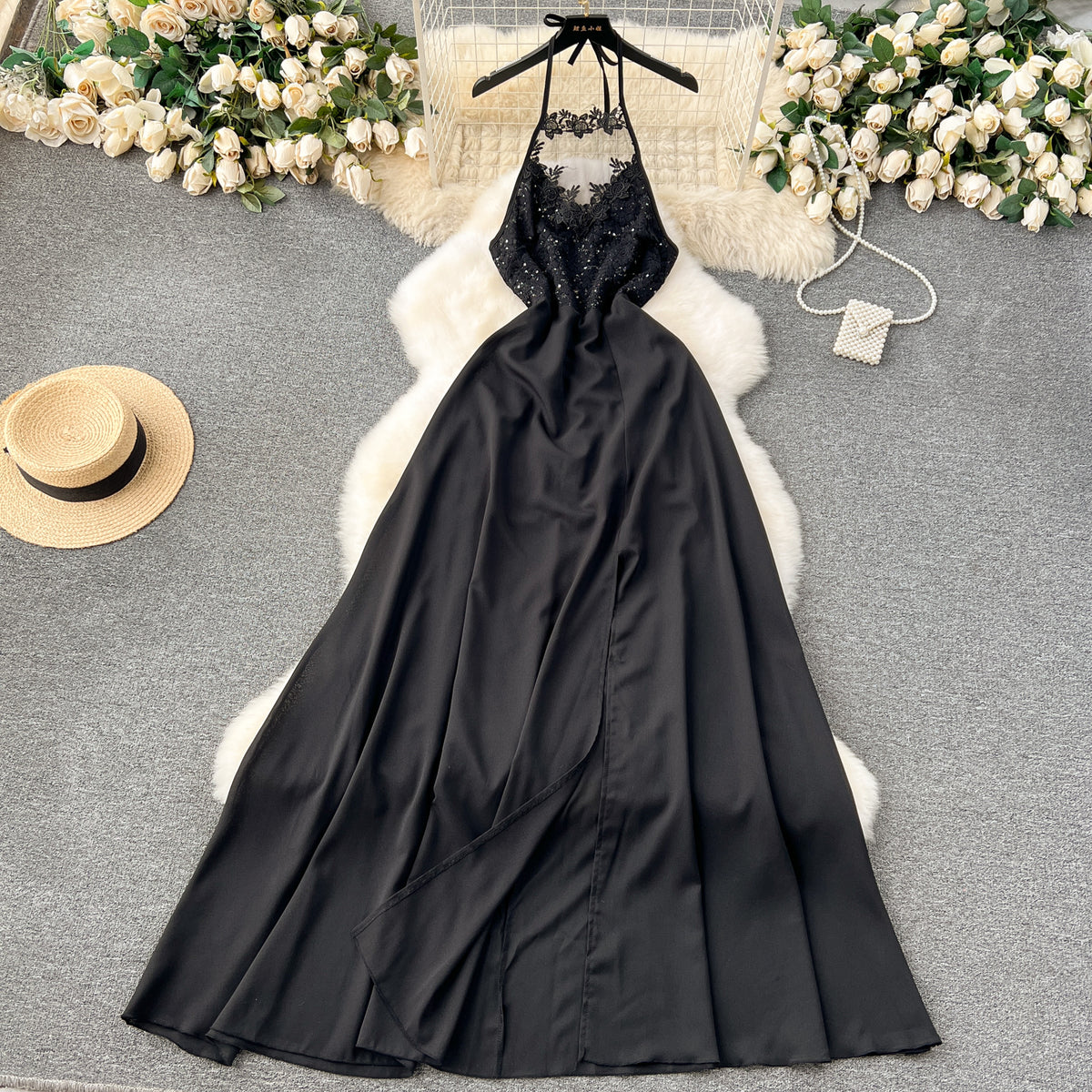Embroidered Backless Split Halter Dress– irococo