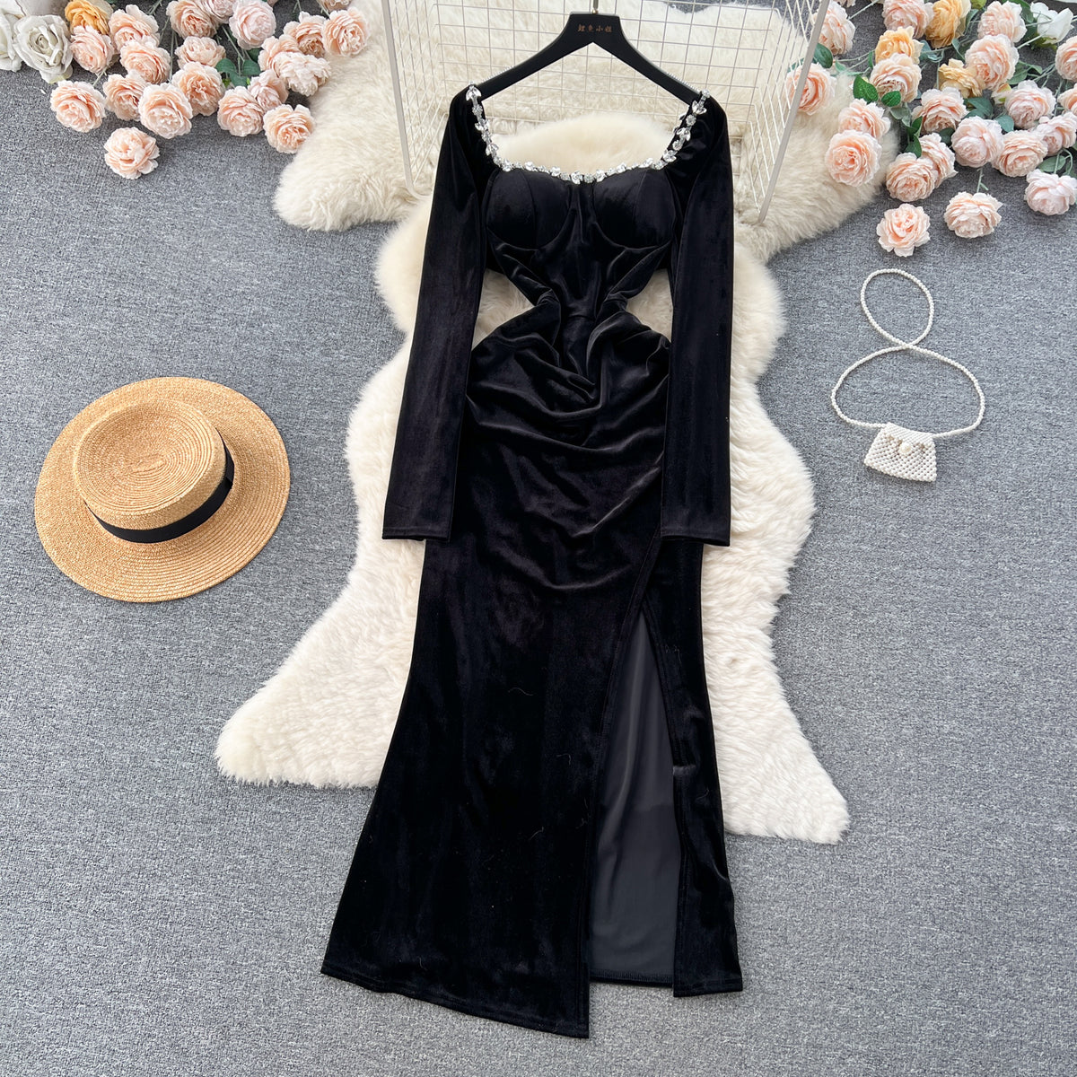 Vintage Rhinestone Studded Split Dress– irococo