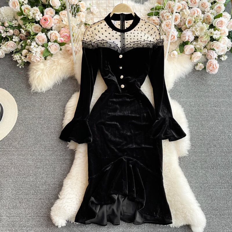 Mesh-paneled Fishtail Velvet Dress– irococo